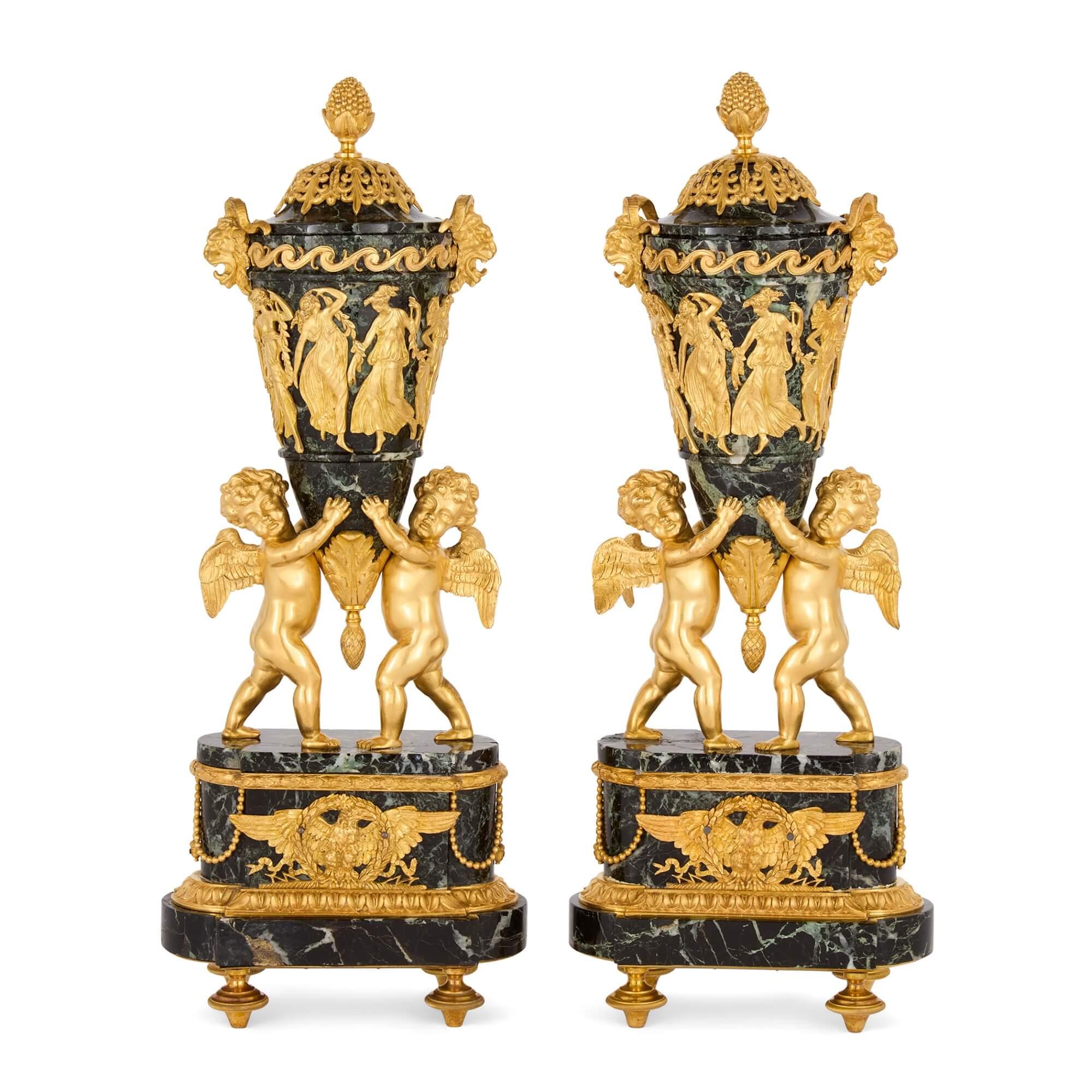 Pair of Russian Marble and Gilt-Bronze Urns with Covers For Sale at 1stDibs