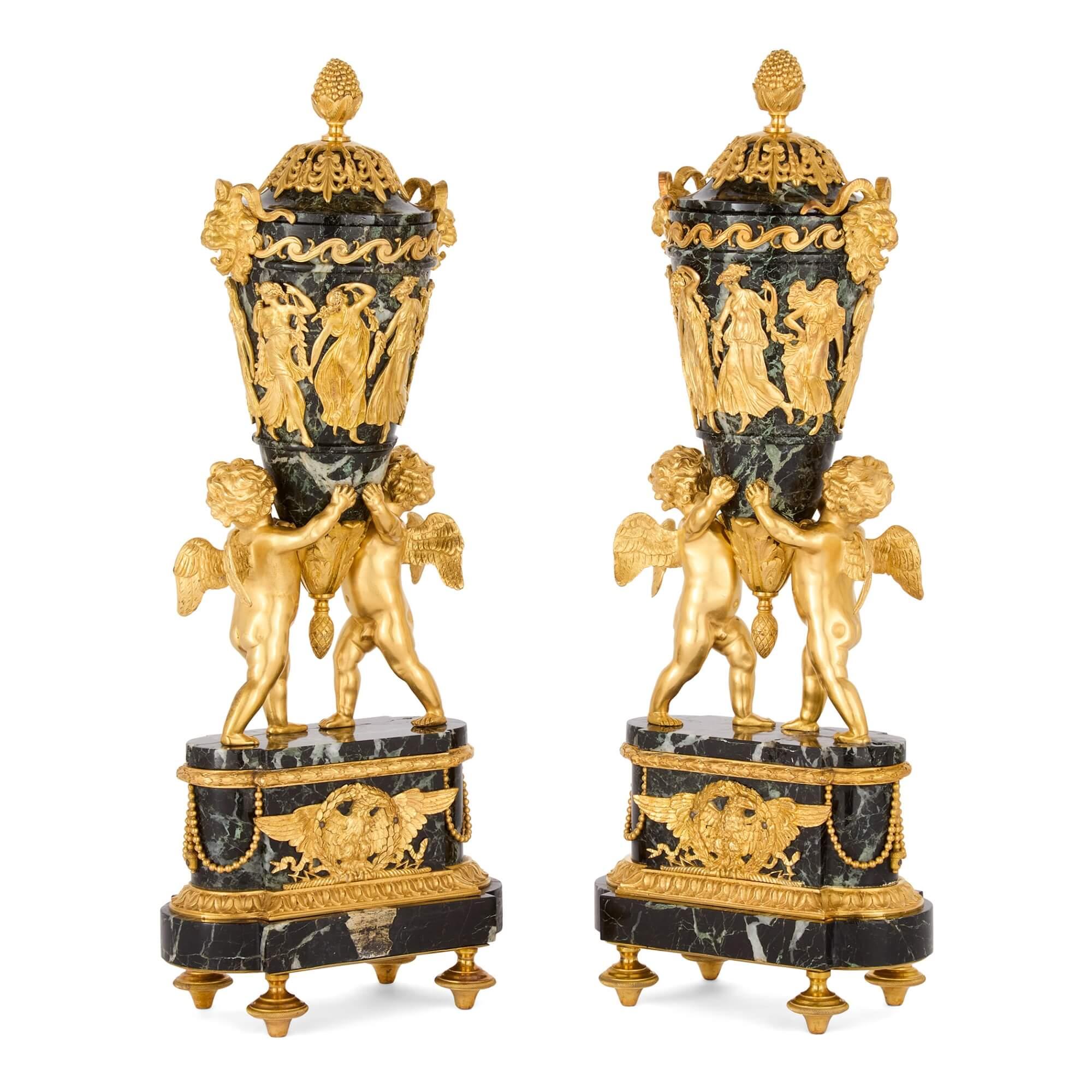 Pair of Russian Marble and Gilt-Bronze Urns with Covers For Sale at 1stDibs