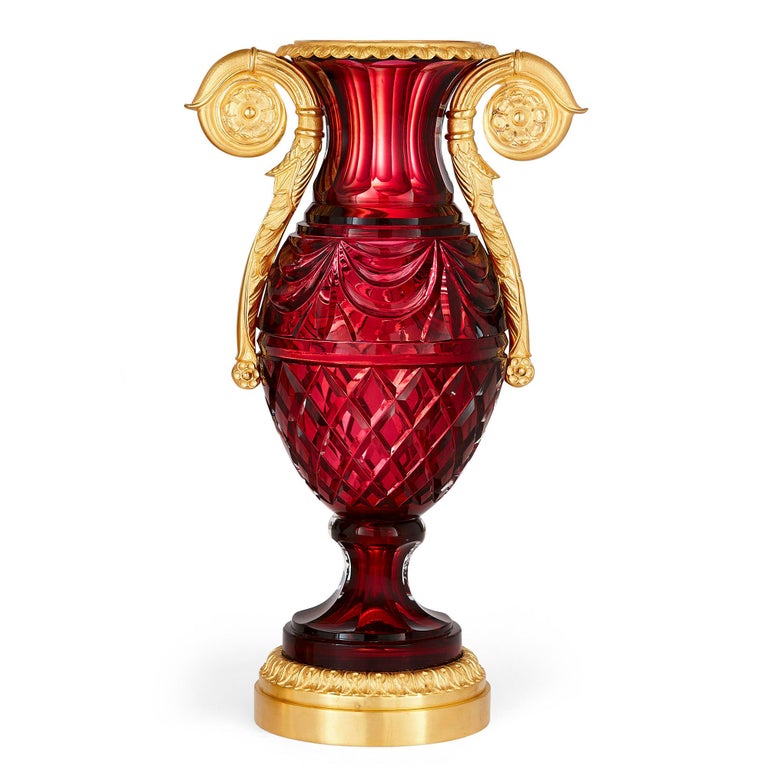 Pair Of Russian Neoclassical Style Cut Glass And Gilt Bronze Vases For