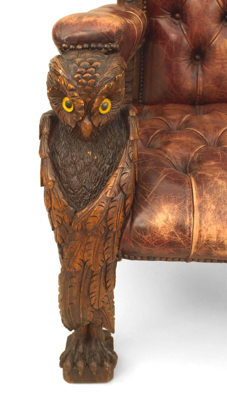 Pair of Rustic Continental Owl Leather Armchairs For Sale at 1stDibs