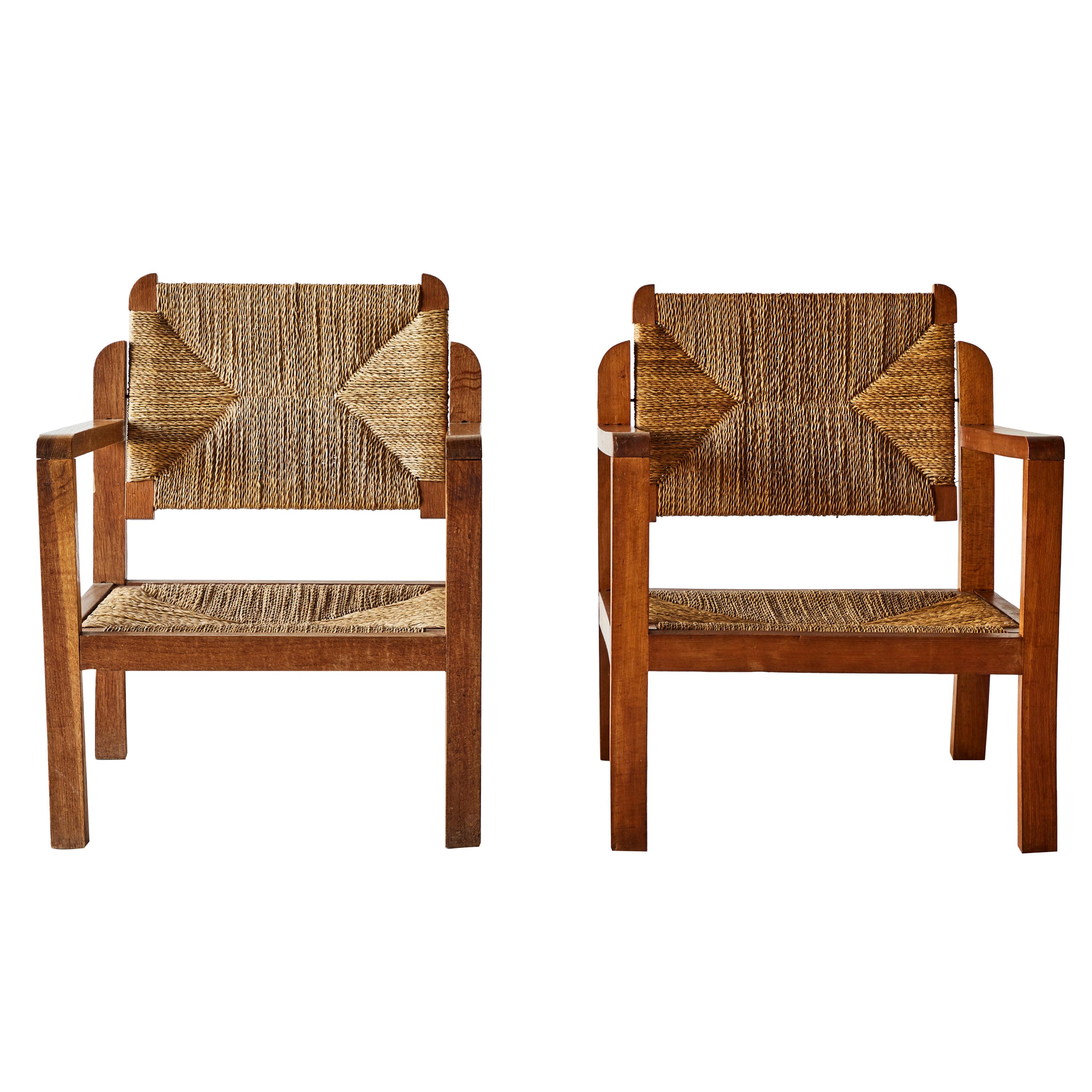 Pair of Rustic French Rush Armchairs with Adjustable Back at 1stDibs