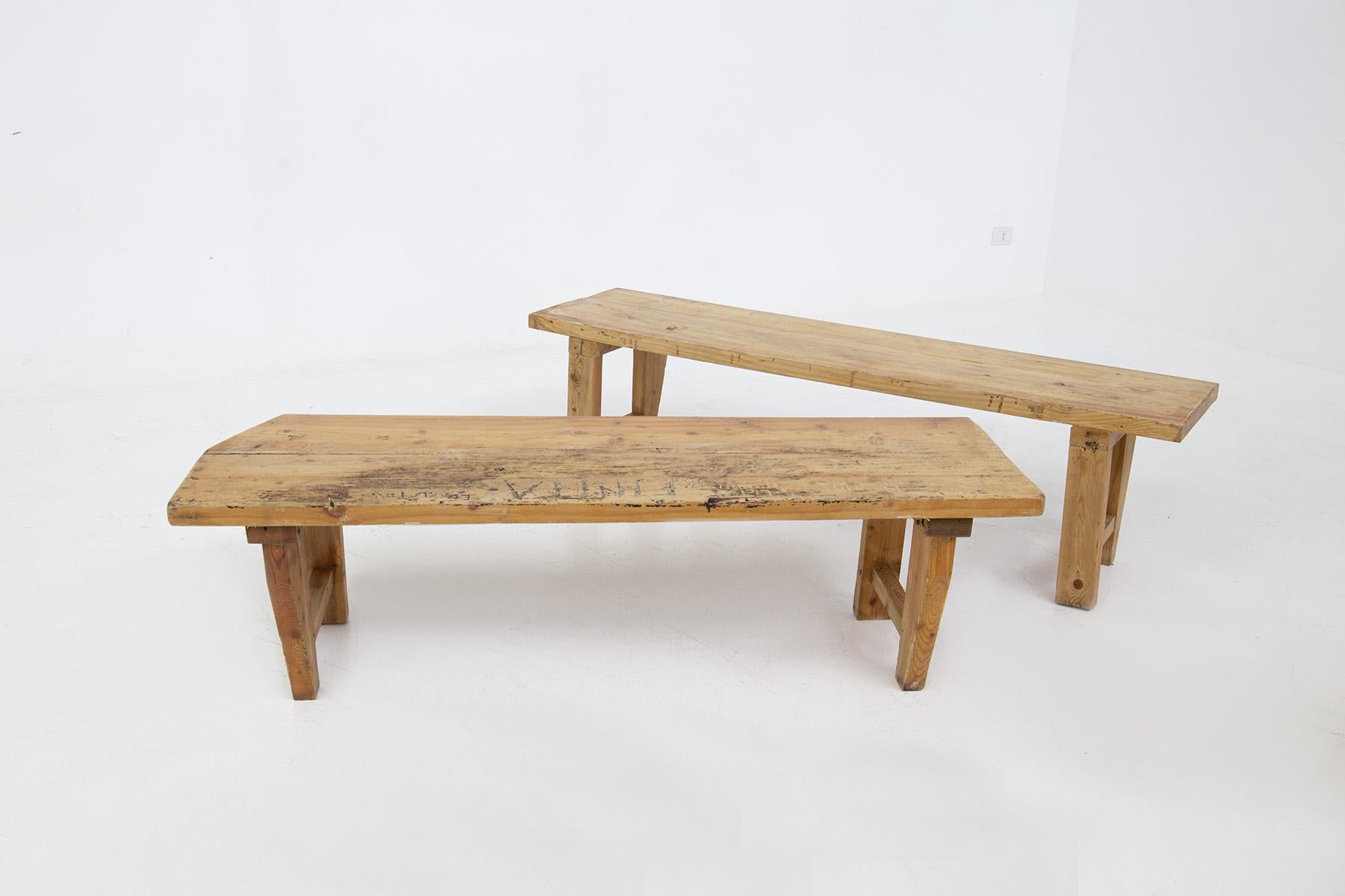 Pair of Rustic Italian Solid Wood Benches at 1stDibs