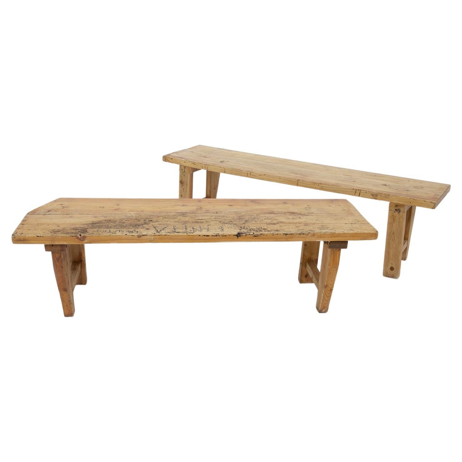 Brutalist Work, Pair of Solid Wood Benches, circa 1970, France For Sale ...
