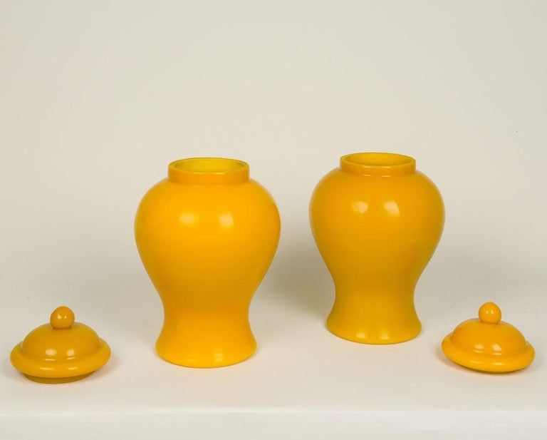 Pair of Saffron Yellow Glass Lidded Ginger Jars at 1stDibs
