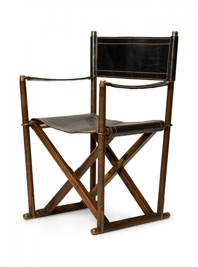 Pair of Sarreid Black Leather and Walnut Folding Campaign / Director's ...