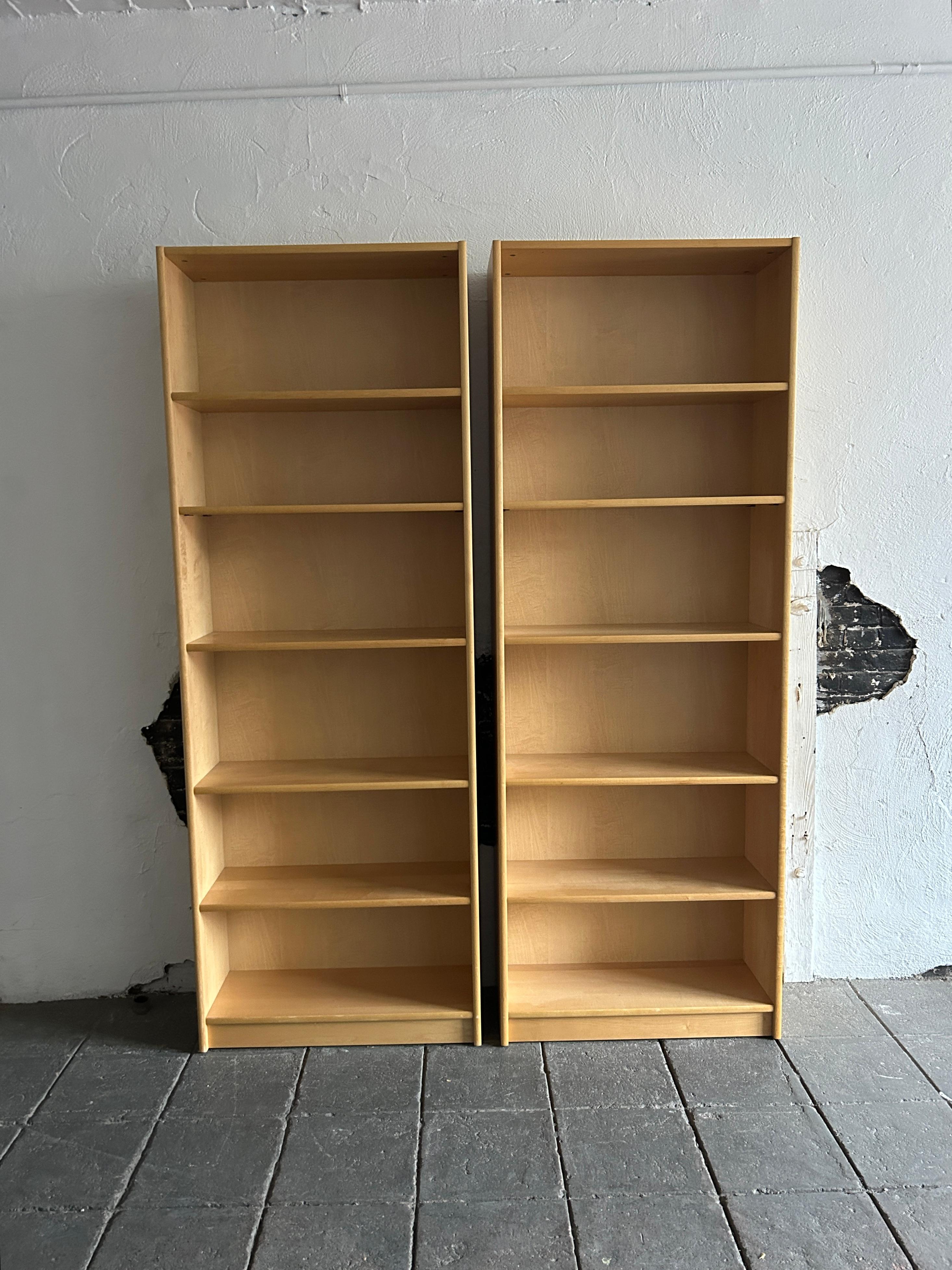 Pair of Scandinavian modern birch blonde tall 6 shelf bookcases wall ...