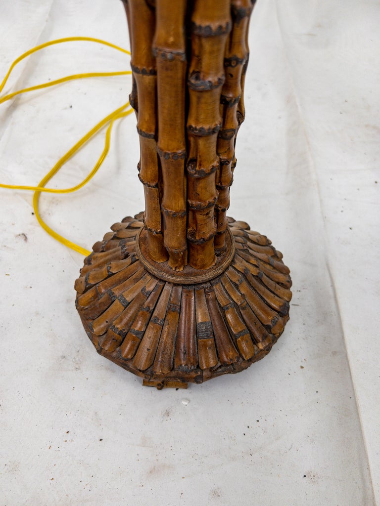 Pair of Scorched Bamboo Table Lamps with Linen Shades For Sale at 1stDibs