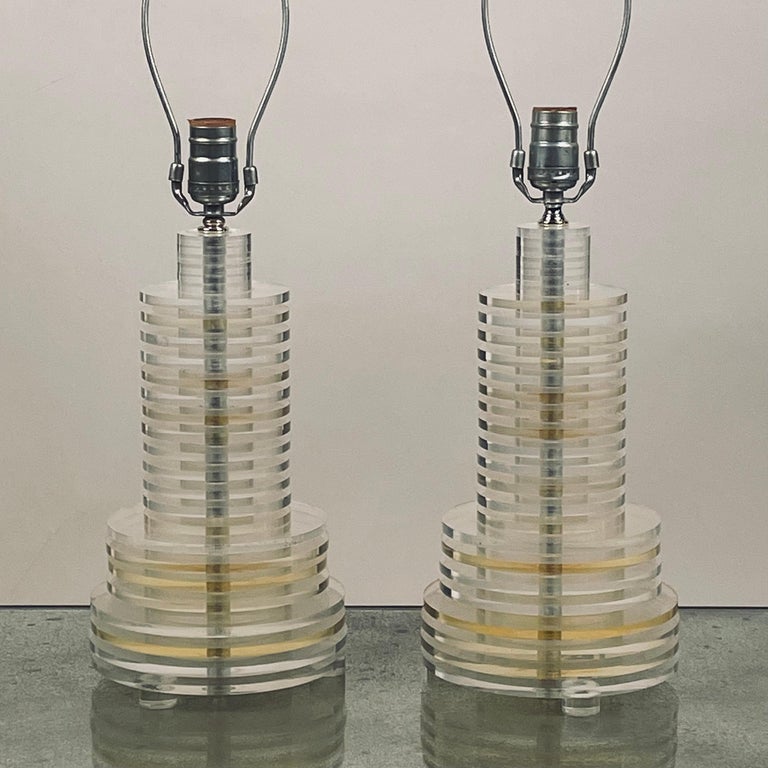 Pair of Sculptural 70's Clear and Tinted Lucite Disc Lamps For Sale at ...