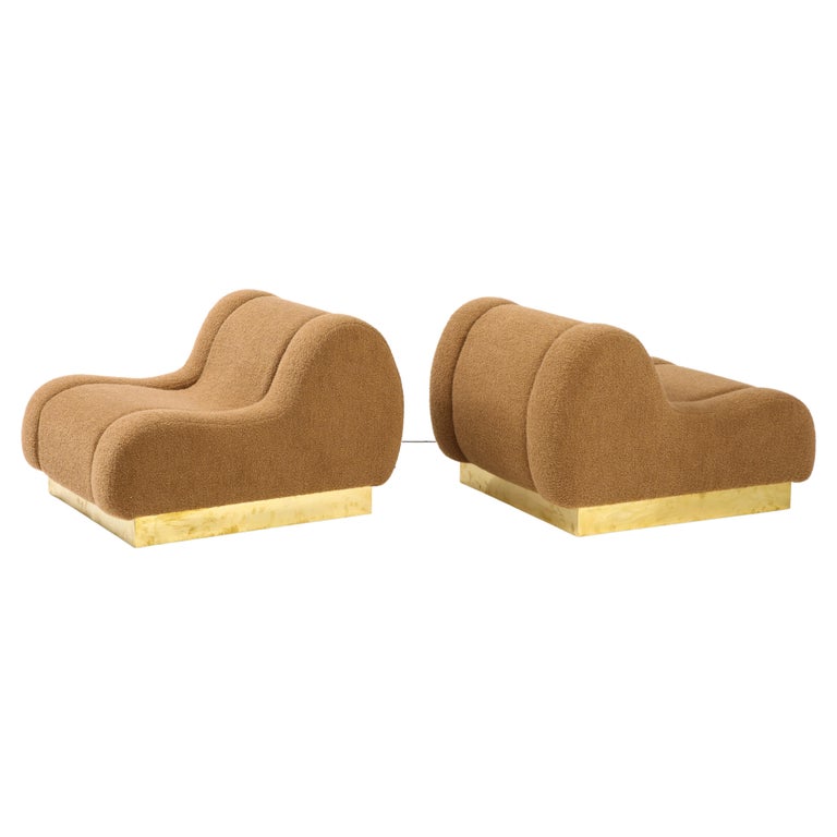 Pair of Sculptural Lounge Chairs in Camel Boucle with Brass Plinth ...