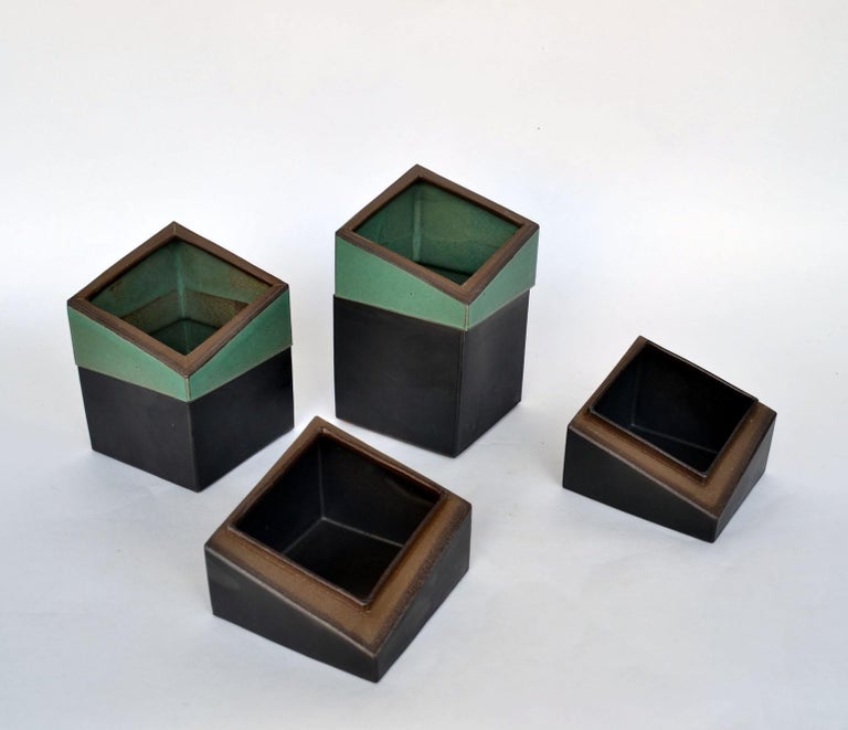 Pair of Square Studio Pottery Boxes in Sage Green and Black For Sale at ...