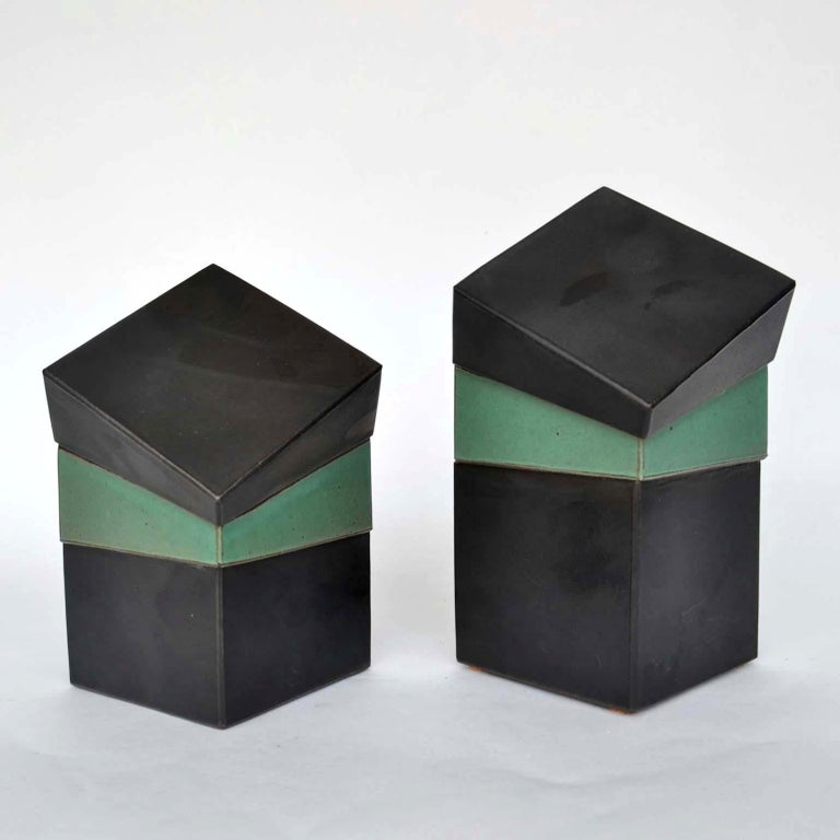 Pair of Square Studio Pottery Boxes in Sage Green and Black For Sale at ...