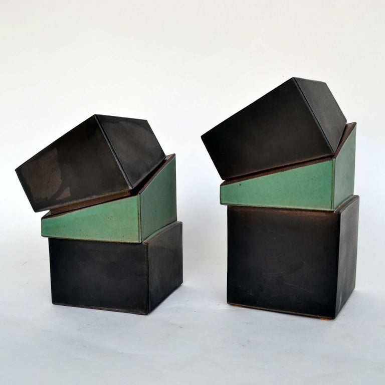 Pair of Square Studio Pottery Boxes in Sage Green and Black For Sale at ...