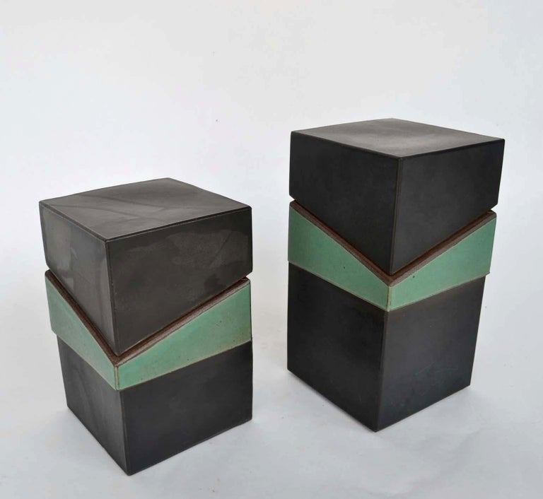 Pair of Square Studio Pottery Boxes in Sage Green and Black For Sale at ...