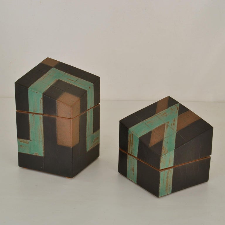 Pair of Sculptural Studio Pottery Boxes in Sage Green and Black For ...