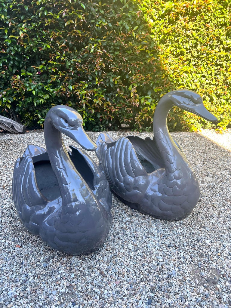 Pair of Sculptural Swan Metal Garden Planters For Sale at 1stDibs