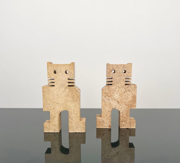 Pair of Sculptures Bookends Cats in Travertine Fratelli Mannelli, Italy ...