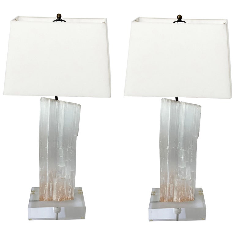 Pair of Selenite and Lucite Table Lamps at 1stDibs | selenite table lamp