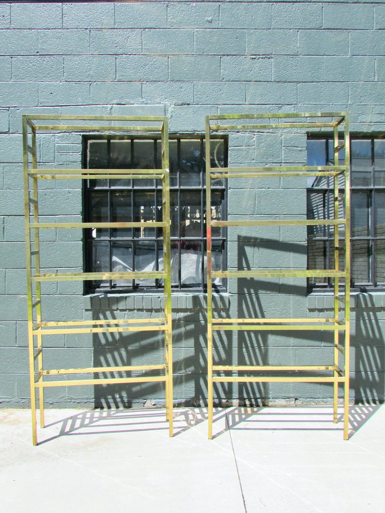 Pair of Seven Foot Tall Mastercraft Brass Display Etageres with Glass ...