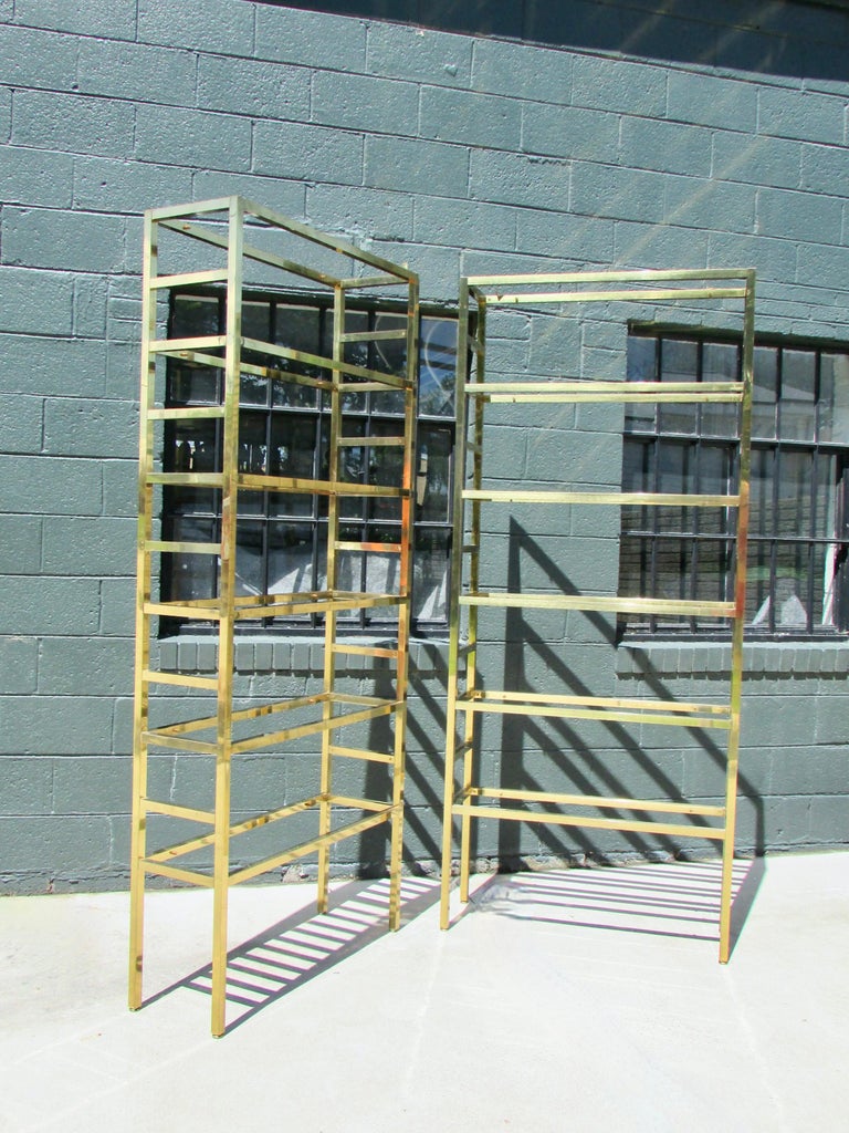 Pair of Seven Foot Tall Mastercraft Brass Display Etageres with Glass ...