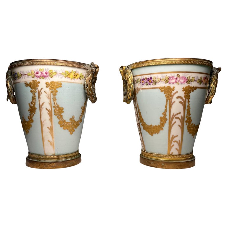 Pair of Sevres Style Hand Painted Porcelain Cachepots/Planters at 1stDibs
