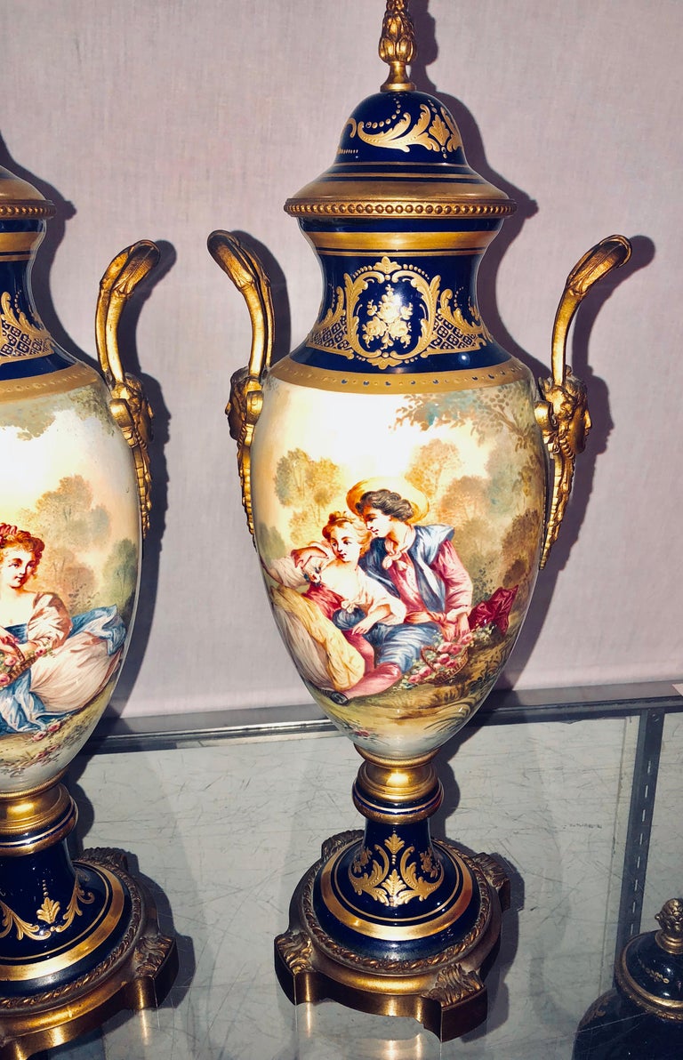 Pair of Sevres Vases Signed with Bronze Mounts and Masked Handled Sides ...