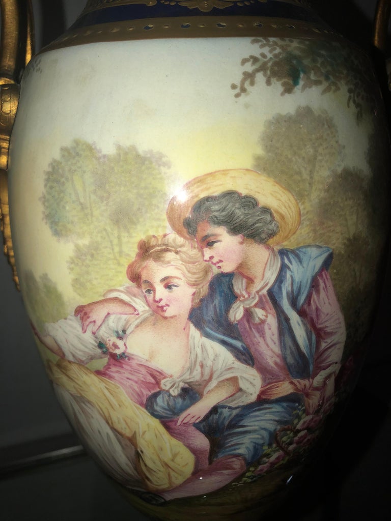 Pair of Sevres Vases Signed with Bronze Mounts and Masked Handled Sides ...