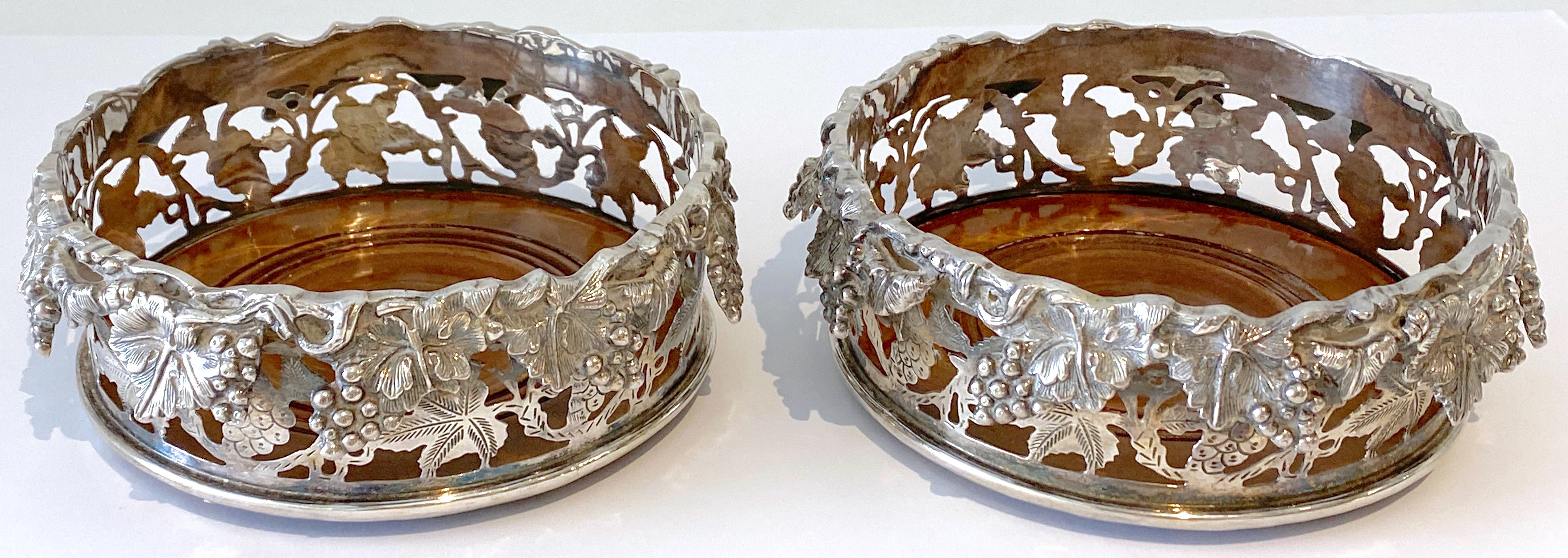 Pair of Sheffield Plated Pierced Grape and Vine Magnum Wine Coasters ...