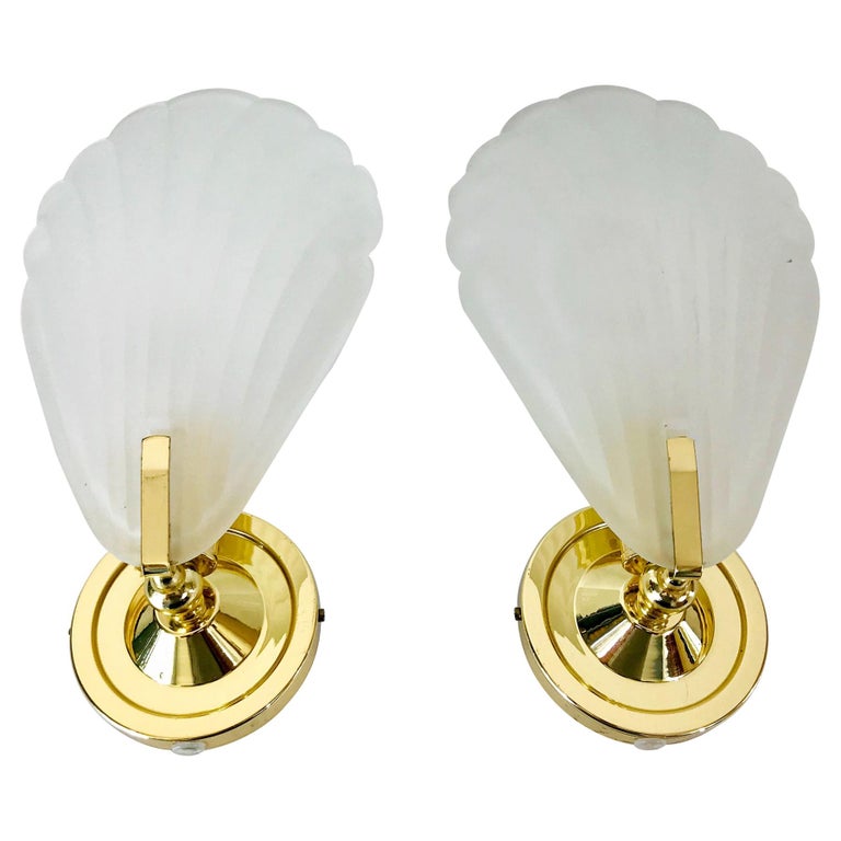 Pair of Shell Shaped Brass and Glass Wall Lamps, 1980s For Sale at 1stDibs