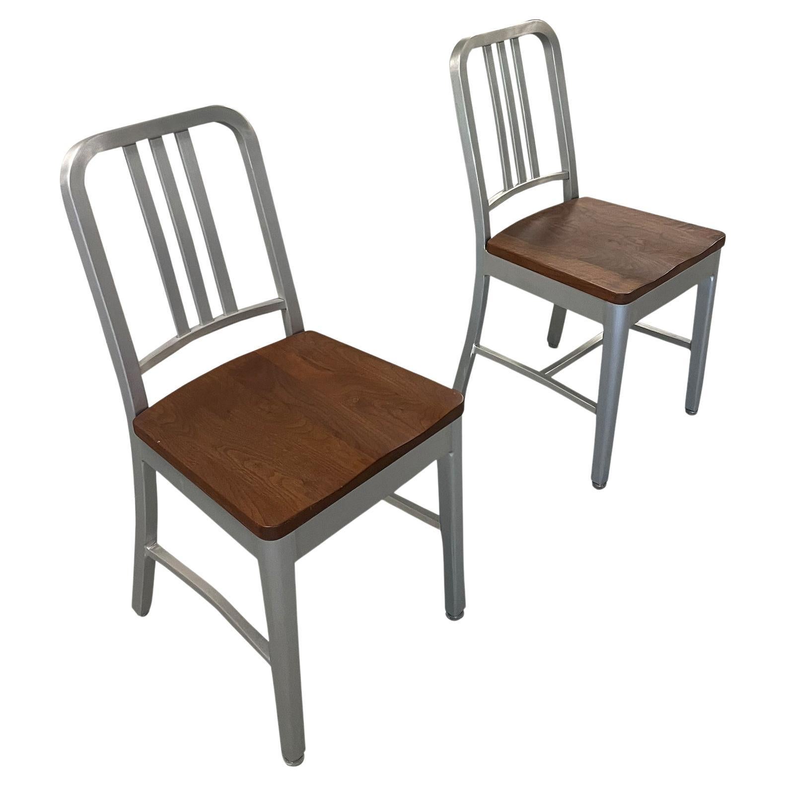 Pair of Signed Emeco 1006 Navy Chairs with Wood Seats For Sale at 1stDibs