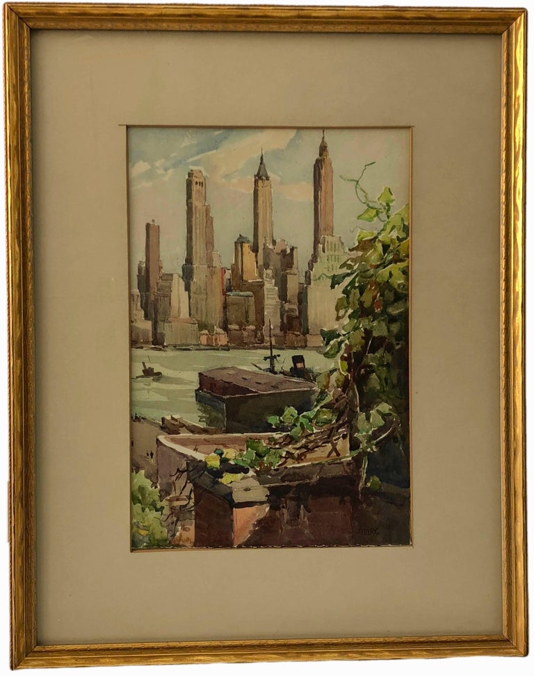 Pair of Signed French Watercolors Artist Marc, Sky Scrapers and a ...