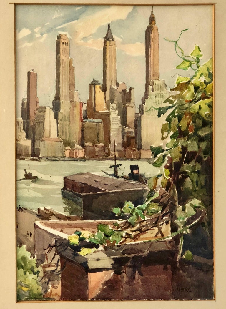 Pair of Signed French Watercolors Artist Marc, Sky Scrapers and a ...