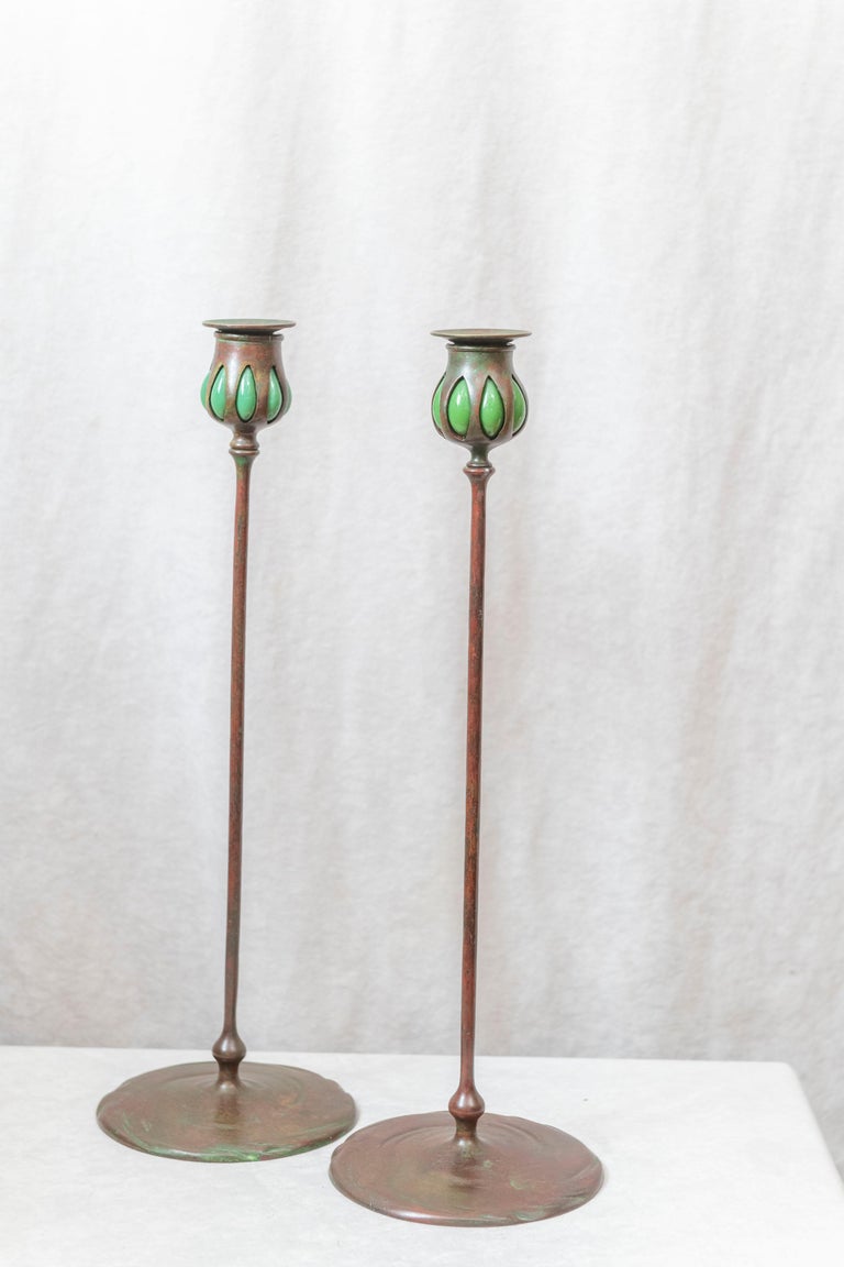 Pair of Signed Tiffany Studios Candlesticks at 1stDibs