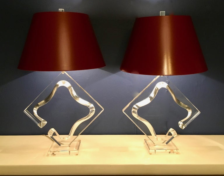 Pair of Signed Van Teal Acrylic Lamps with Shades For Sale at 1stDibs