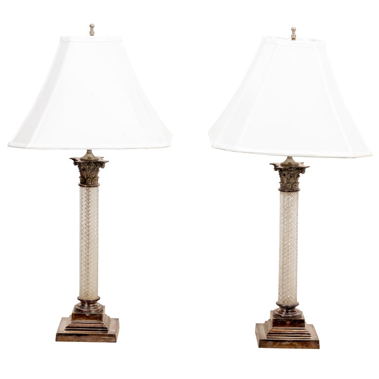 Pair of Silver Crystal Column Table Lamps at 1stDibs