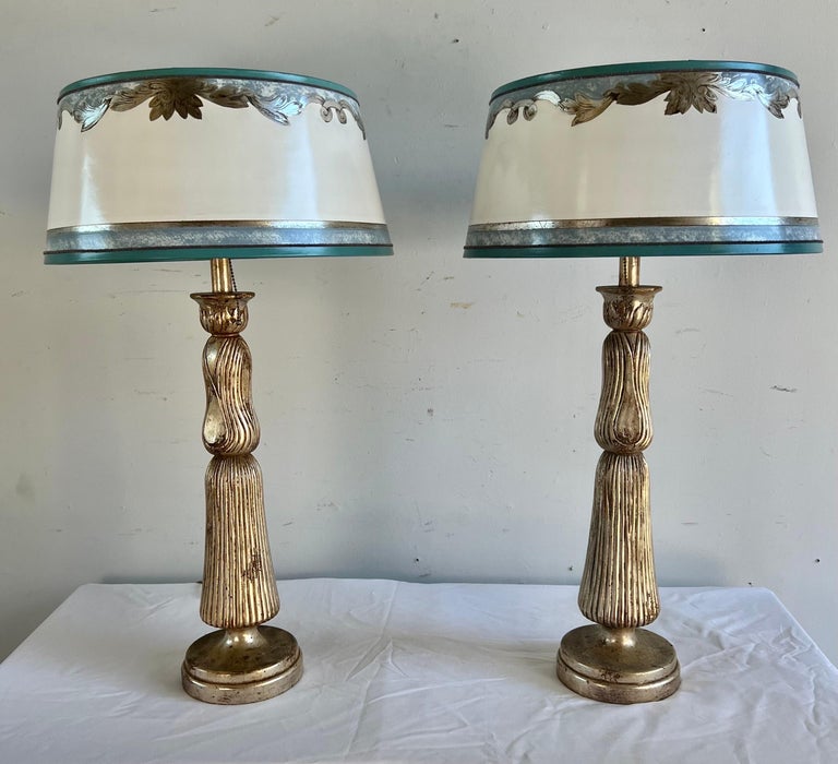 Pair of Silver Gilt Italian Lamps W/ Parchment Shades For Sale at 1stDibs