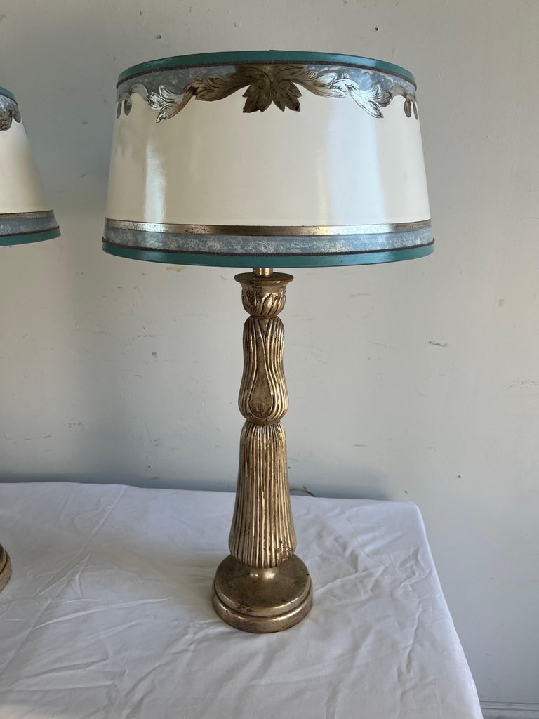 Pair of Silver Gilt Italian Lamps W/ Parchment Shades For Sale at 1stDibs