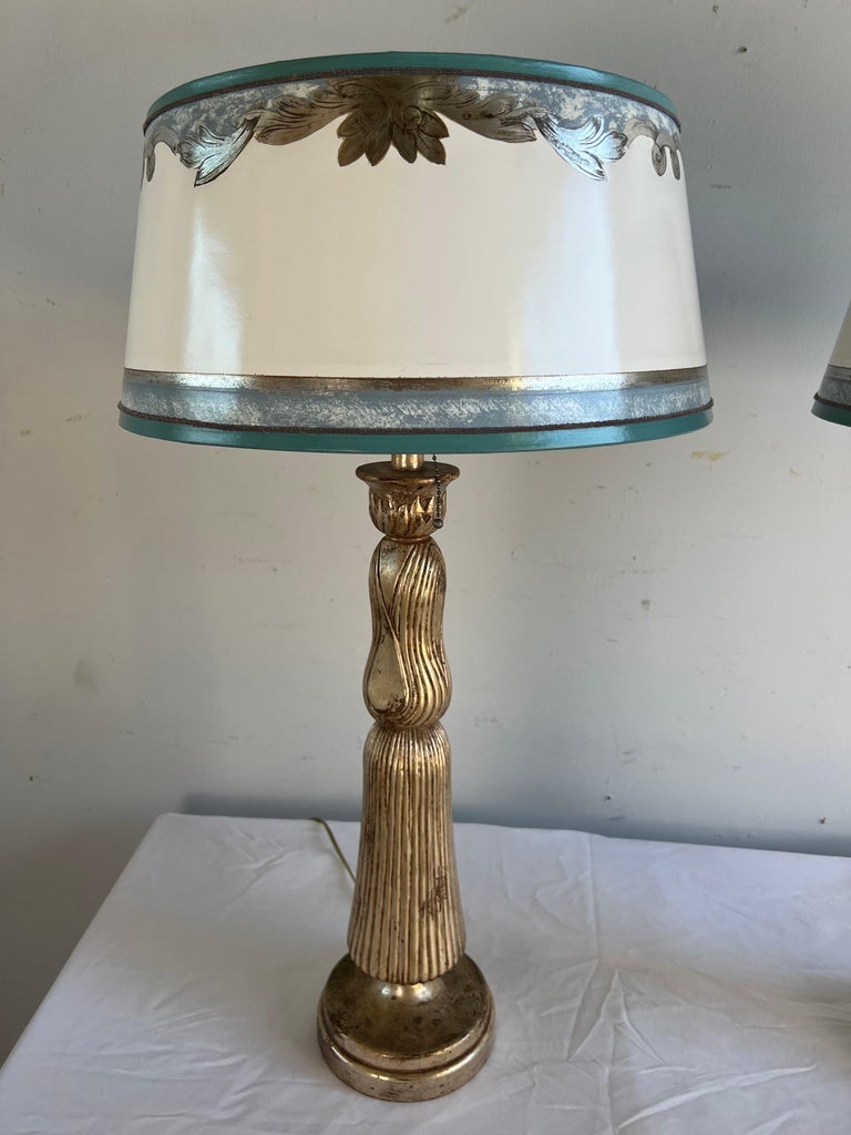 Pair of Silver Gilt Italian Lamps W/ Parchment Shades For Sale at 1stDibs