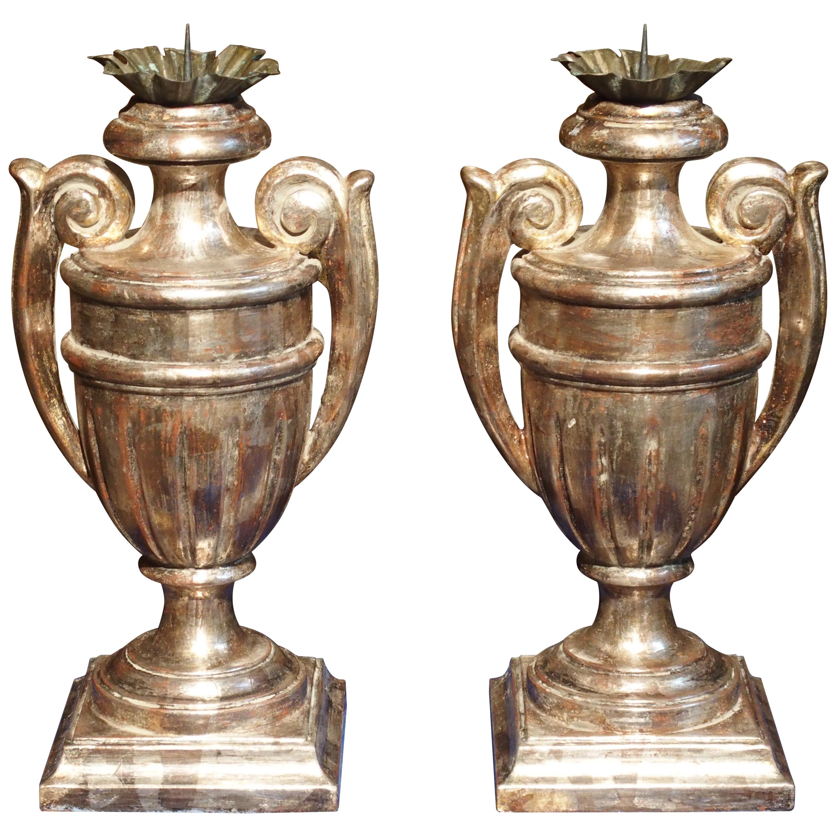 Pair of Silver Gilt Urn Shaped Wooden Candlesticks from Tuscany at 1stDibs