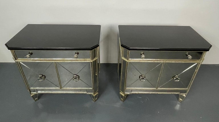 Pair of Silver Hollywood Regency Mirrored Cabinets / Nightstands / End ...