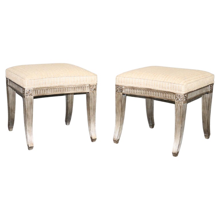 Pair of Silver Leaf Upholstered Sabre Leg French Directoire Stools For ...