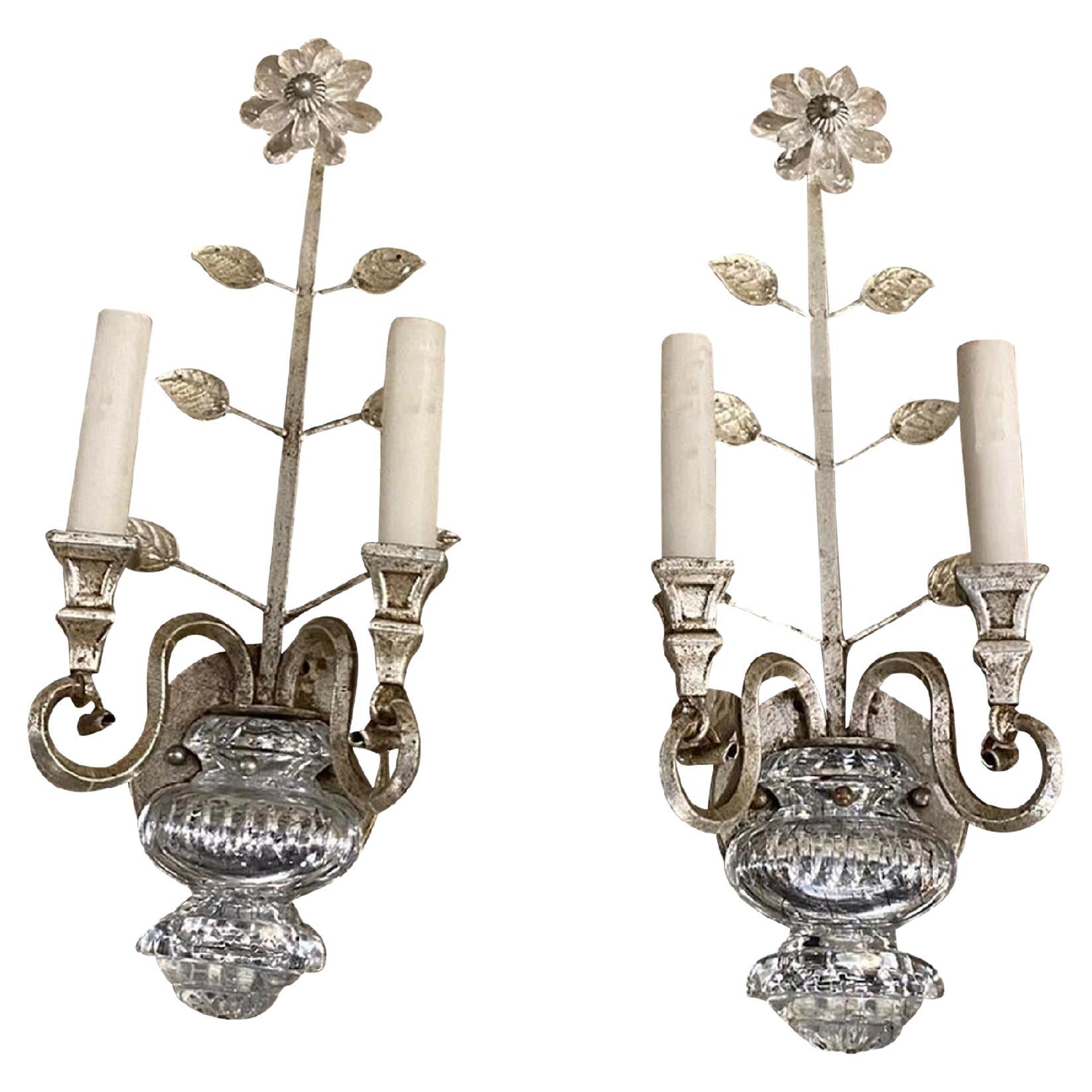 Pair of French Crystal Floral Gilt Metal Sconces, Circa 1930s For Sale ...