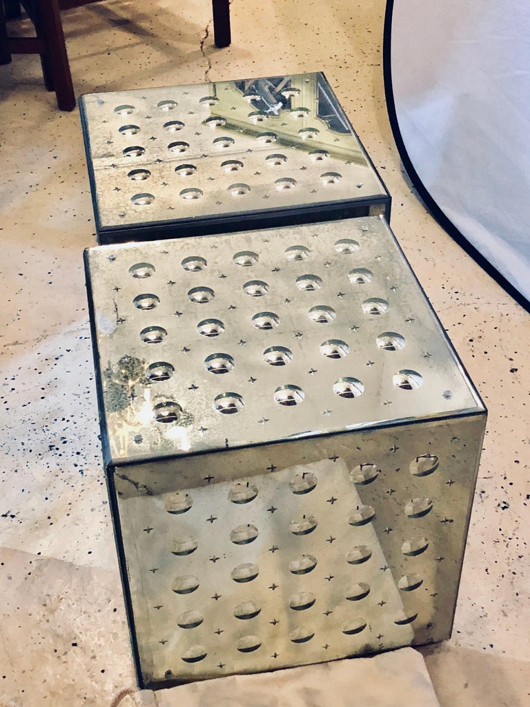 Pair of Silver Mirrored Distressed Glass Cube Coffee Tables on Casters ...