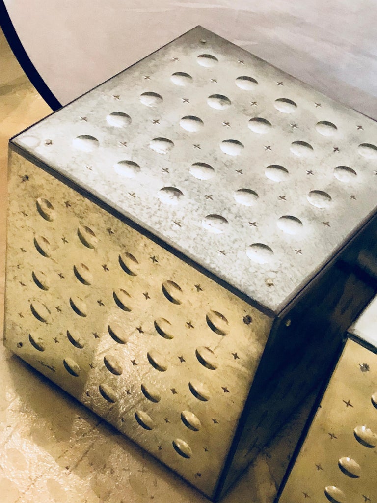 Pair of Silver Mirrored Distressed Glass Cube Coffee Tables on Casters ...