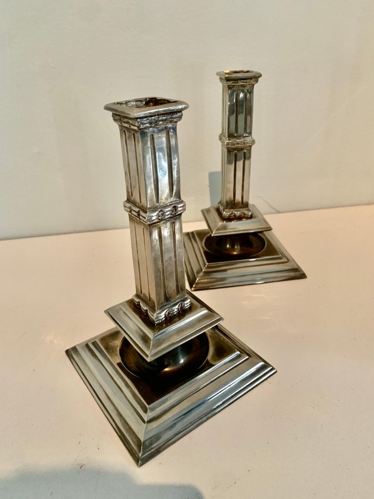 Pair of Silver Plate Art Deco Column Candlesticks For Sale at 1stDibs