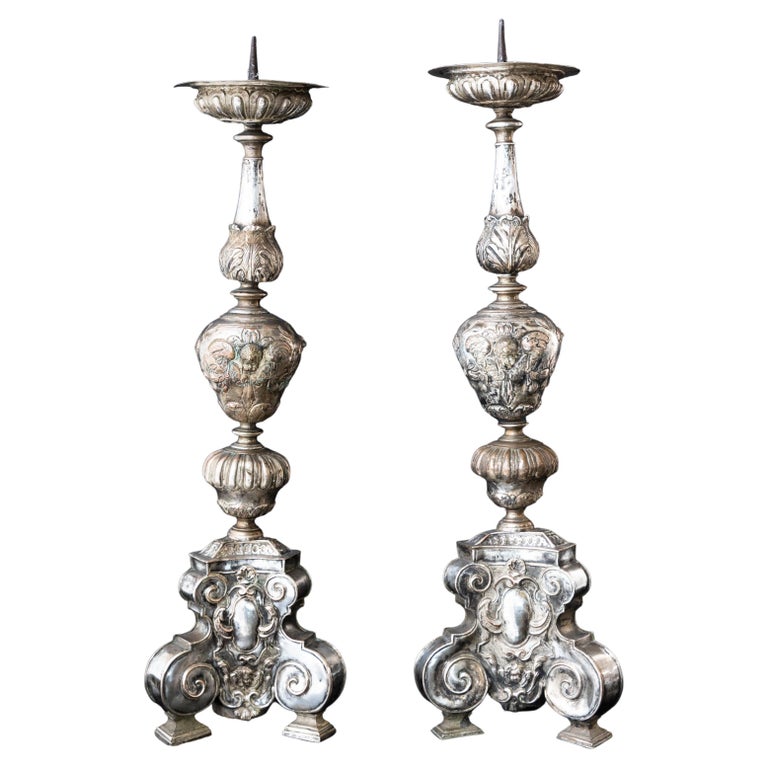 Pair of Silver-Plated Altar Candlesticks, Italy, 17th Century at 1stDibs