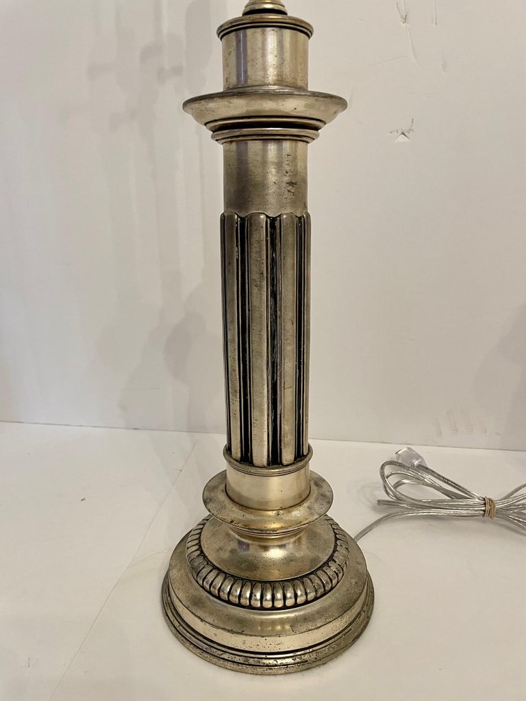 Pair of Silver Plated Column Form Lamps For Sale at 1stDibs
