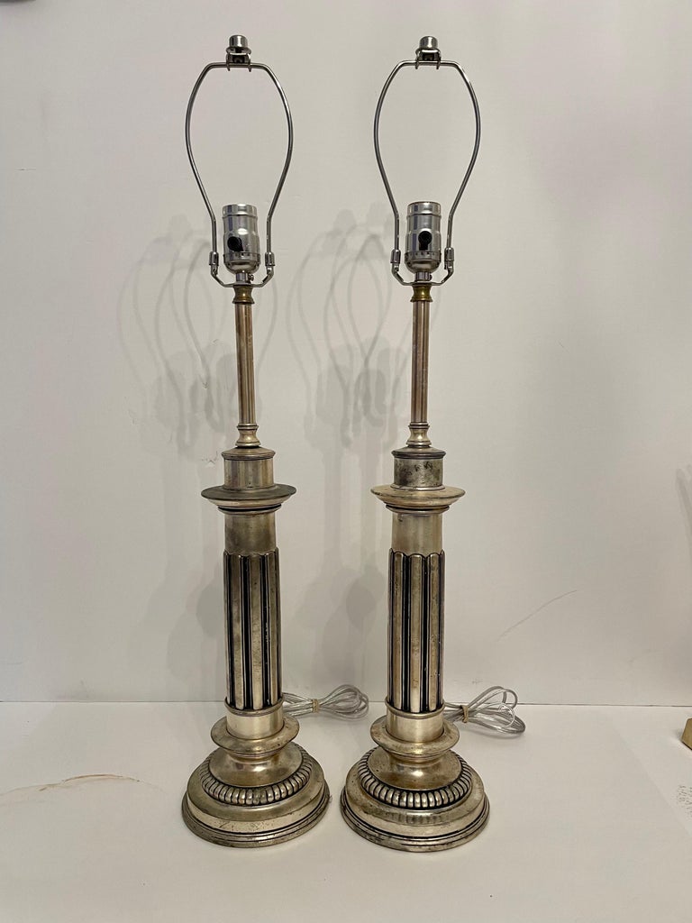 Pair of Silver Plated Column Form Lamps For Sale at 1stDibs