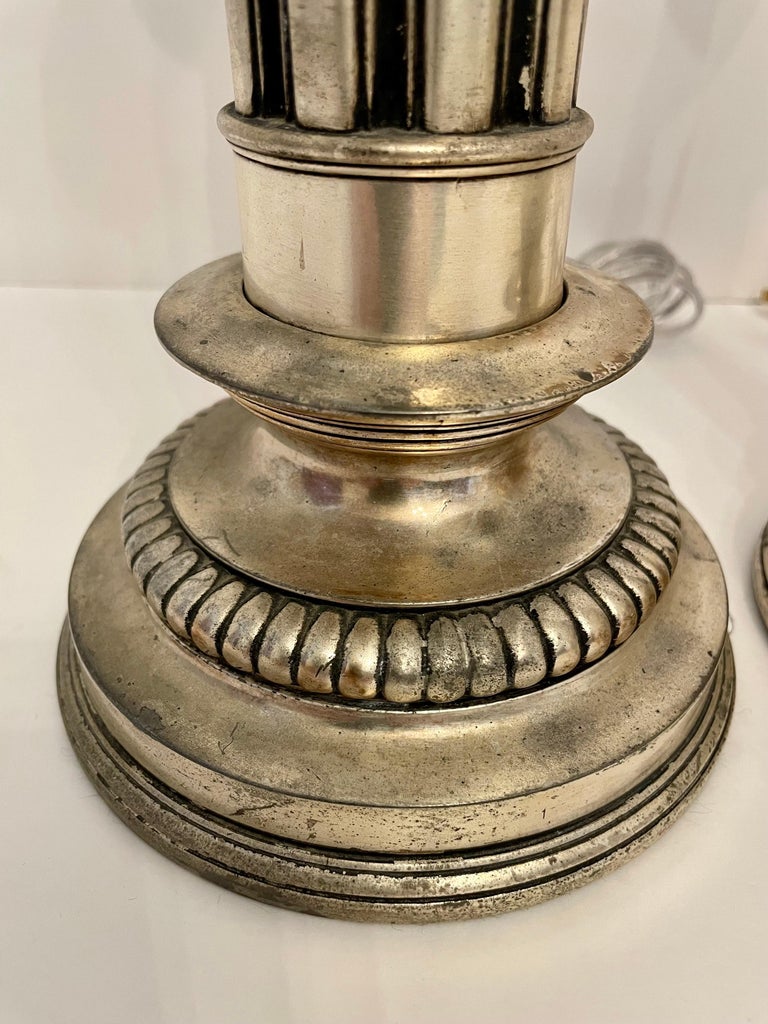 Pair of Silver Plated Column Form Lamps For Sale at 1stDibs