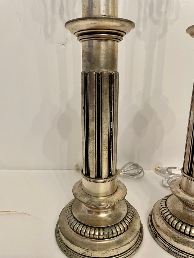 Pair of Silver Plated Column Form Lamps For Sale at 1stDibs