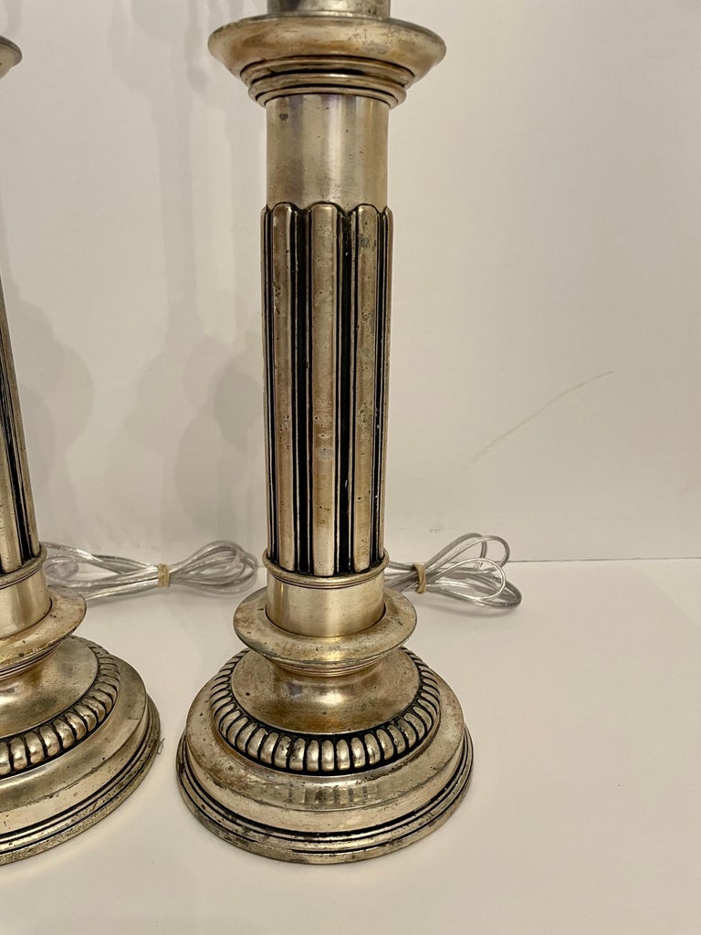 Pair of Silver Plated Column Form Lamps For Sale at 1stDibs